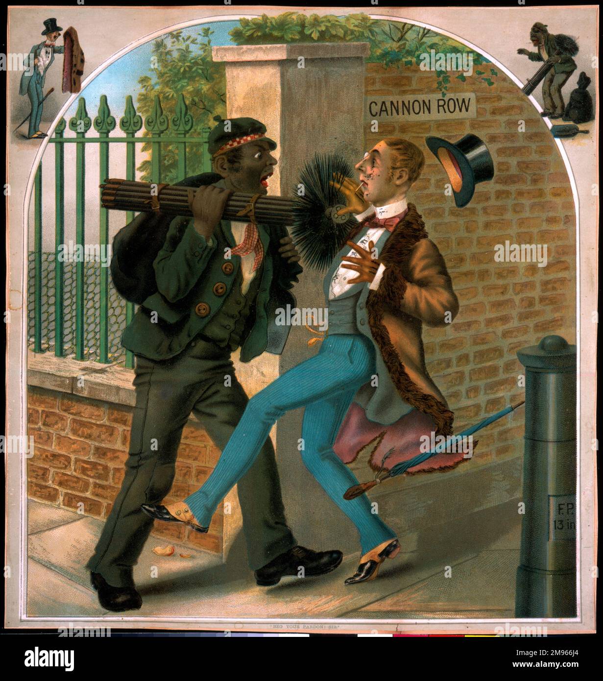 A humorous colour illustration picturing a chimney sweep and a man of ...