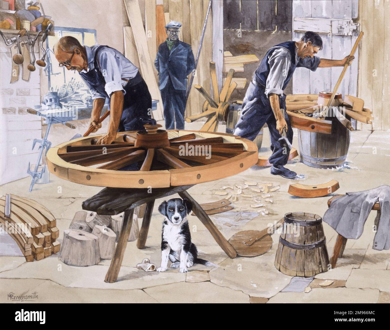 Wheelwrights or wainwrights making large wooden wheels in a traditional ...