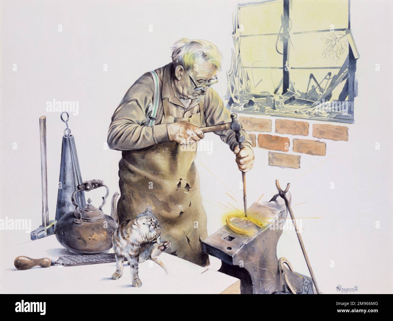 An elderly blacksmith hammers a hot horseshoe on an anvil. Watercolour ...