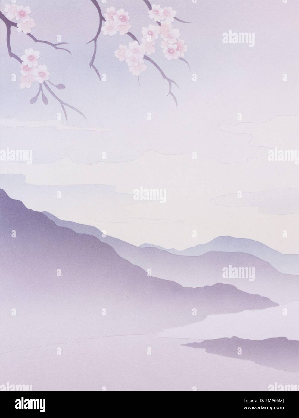 Cherry blossom branches overhang a misty fantasy landscape of soft ...