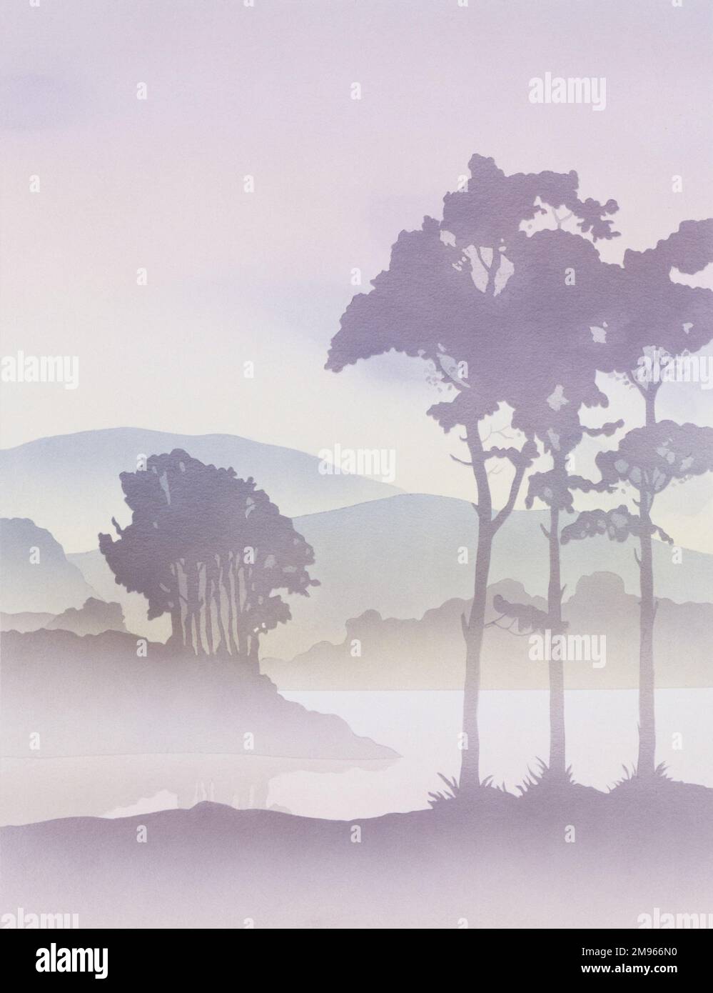 A fantasy lakeside scene with trees on the shore and on islands set in ...