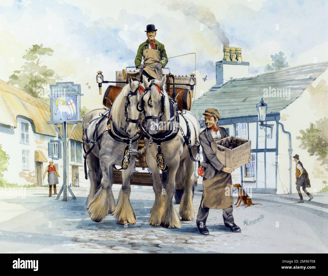 Shire horse drawn brewery dray passes through a village, delivering ...