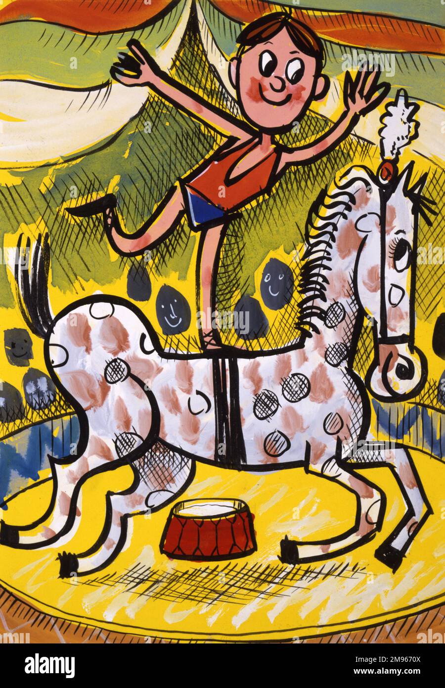 A young boy acrobat stands on one leg on the back of a performing horse ...