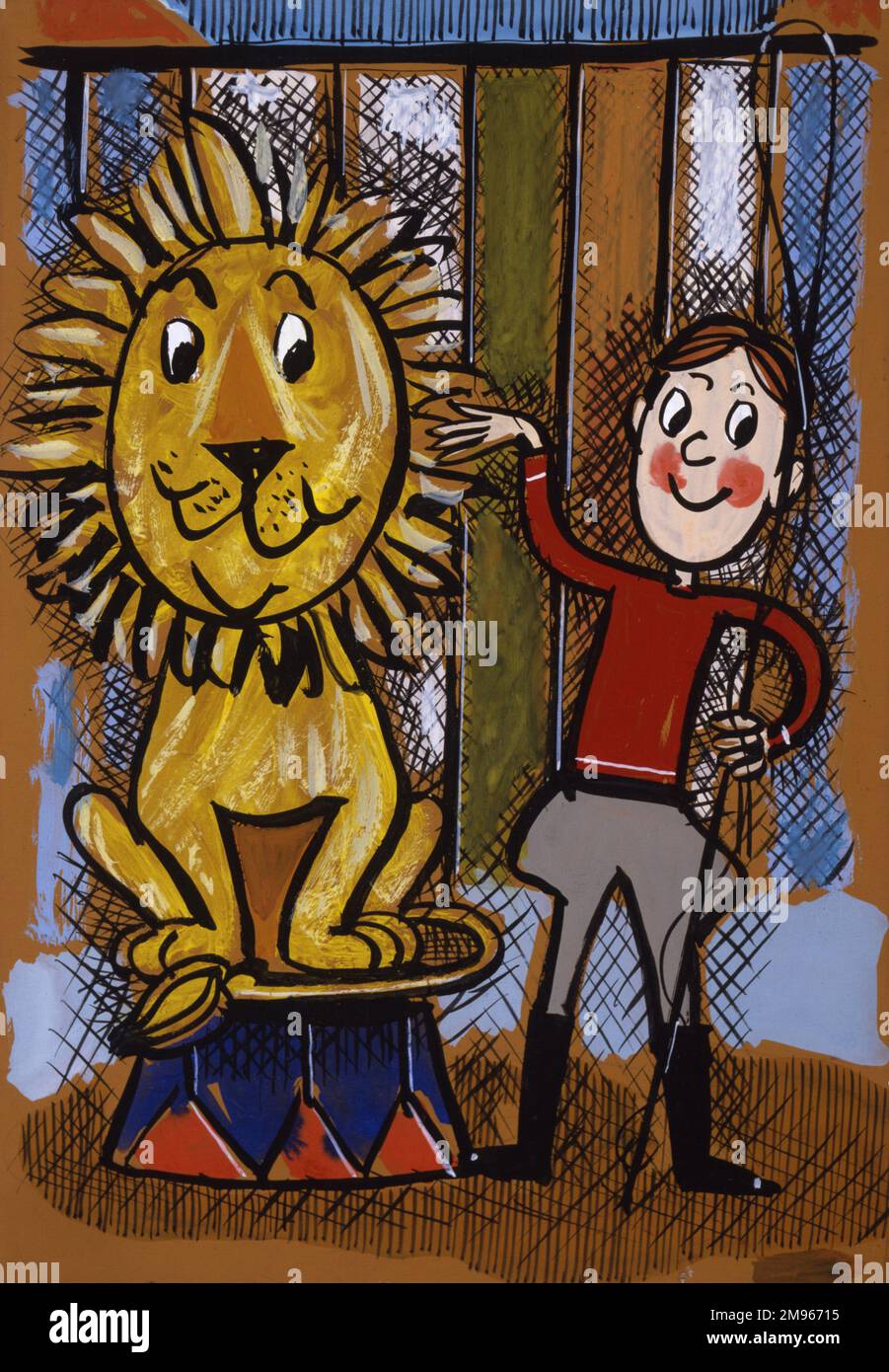 A young lion tamer in the circus with an obedient lion, sitting atop a ...