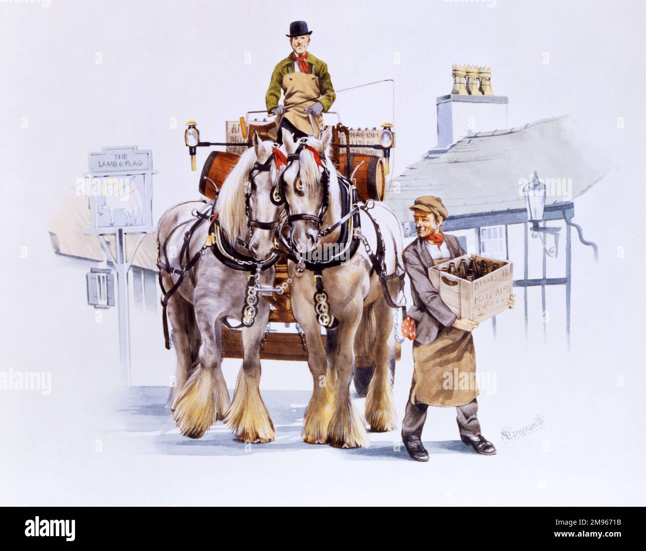 Shire horse drawn brewery dray passes through a village, delivering ...