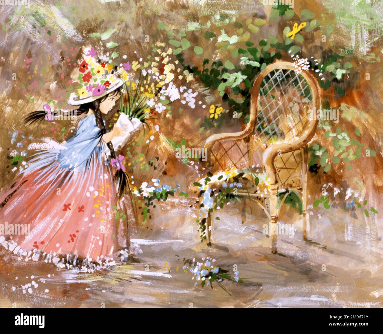 A young girl festooned with flowers holding a bouquet, stands alongside ...