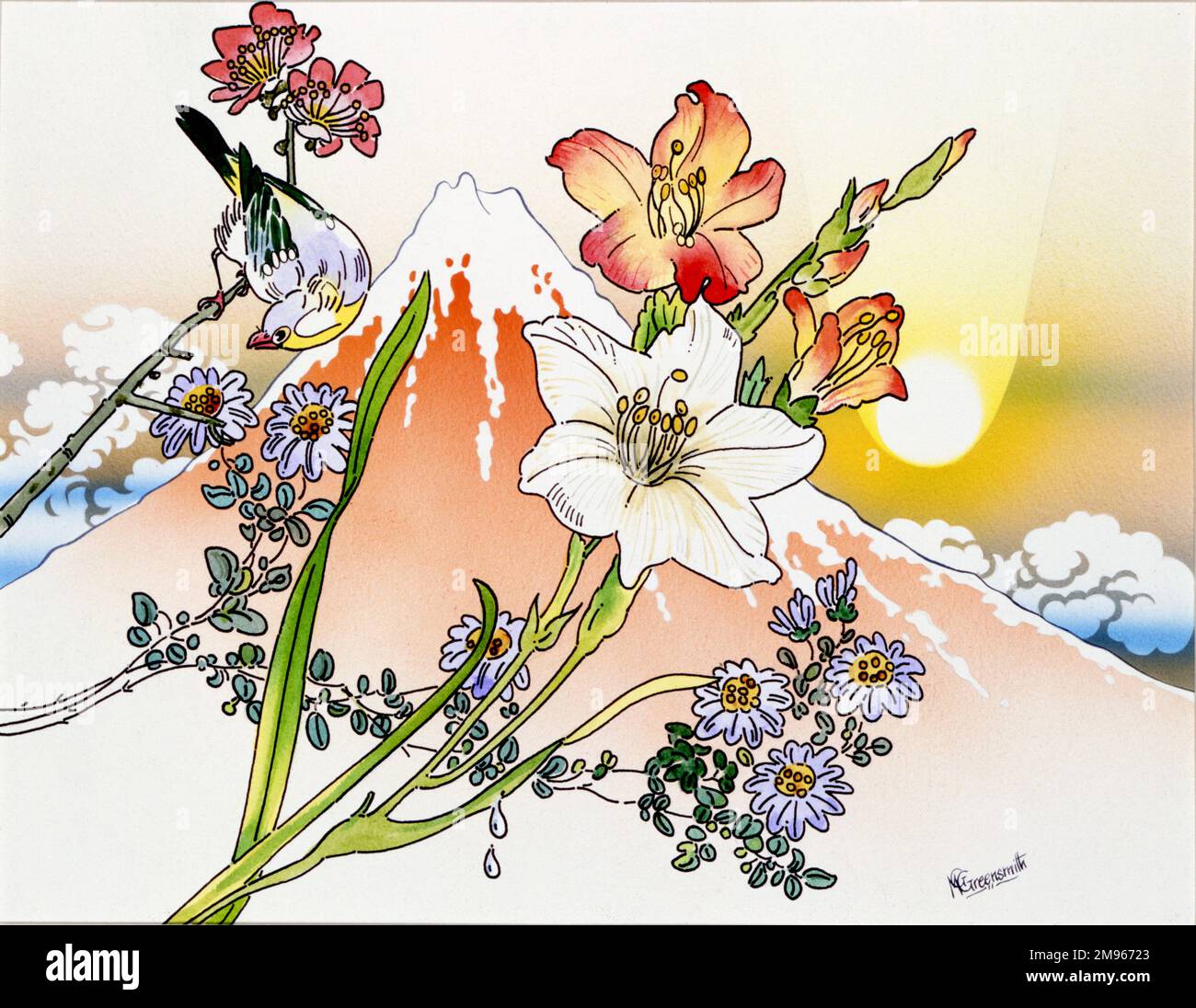 Fantasy Japanese landscape featuring a songbird perched on a variety of ...