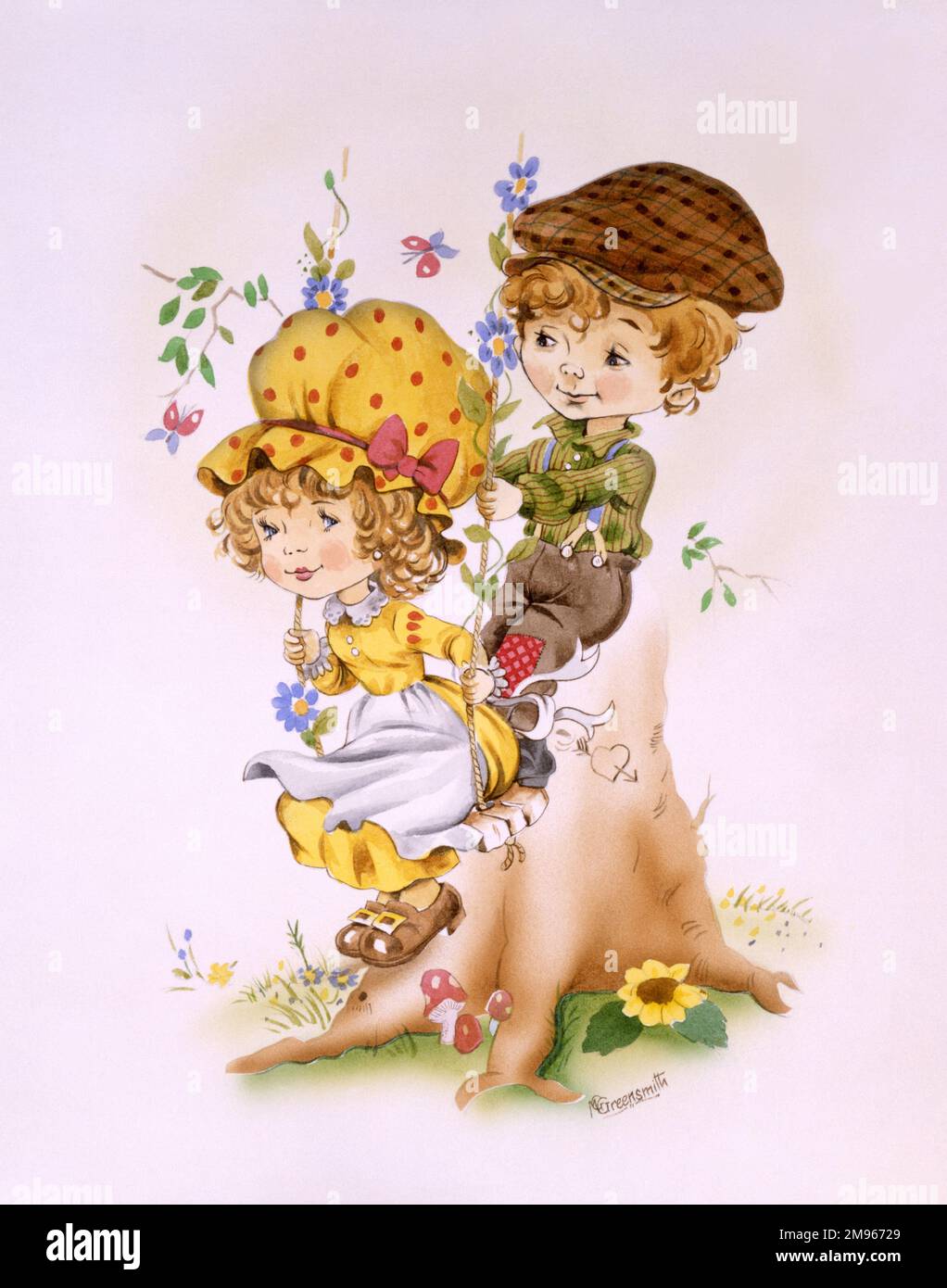 Cartoon-style watercolour fantasy painting of two young children in ...