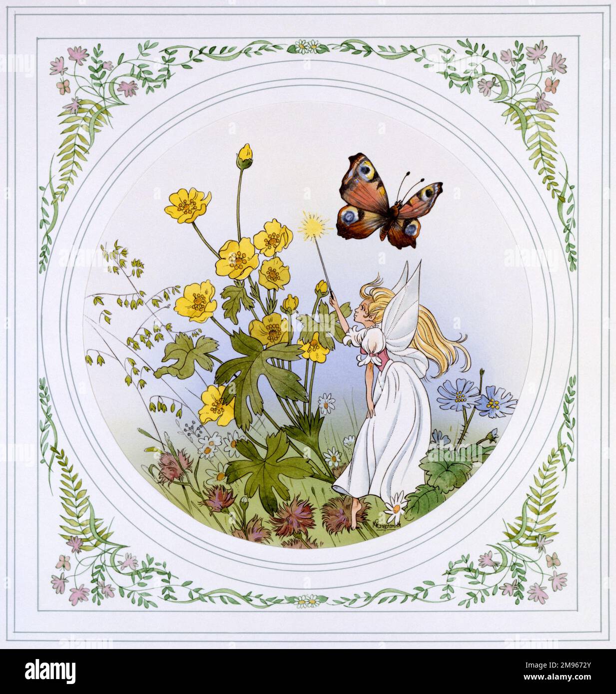 Fantasy scene of a fairy casting a magic spell with her wand over a ...