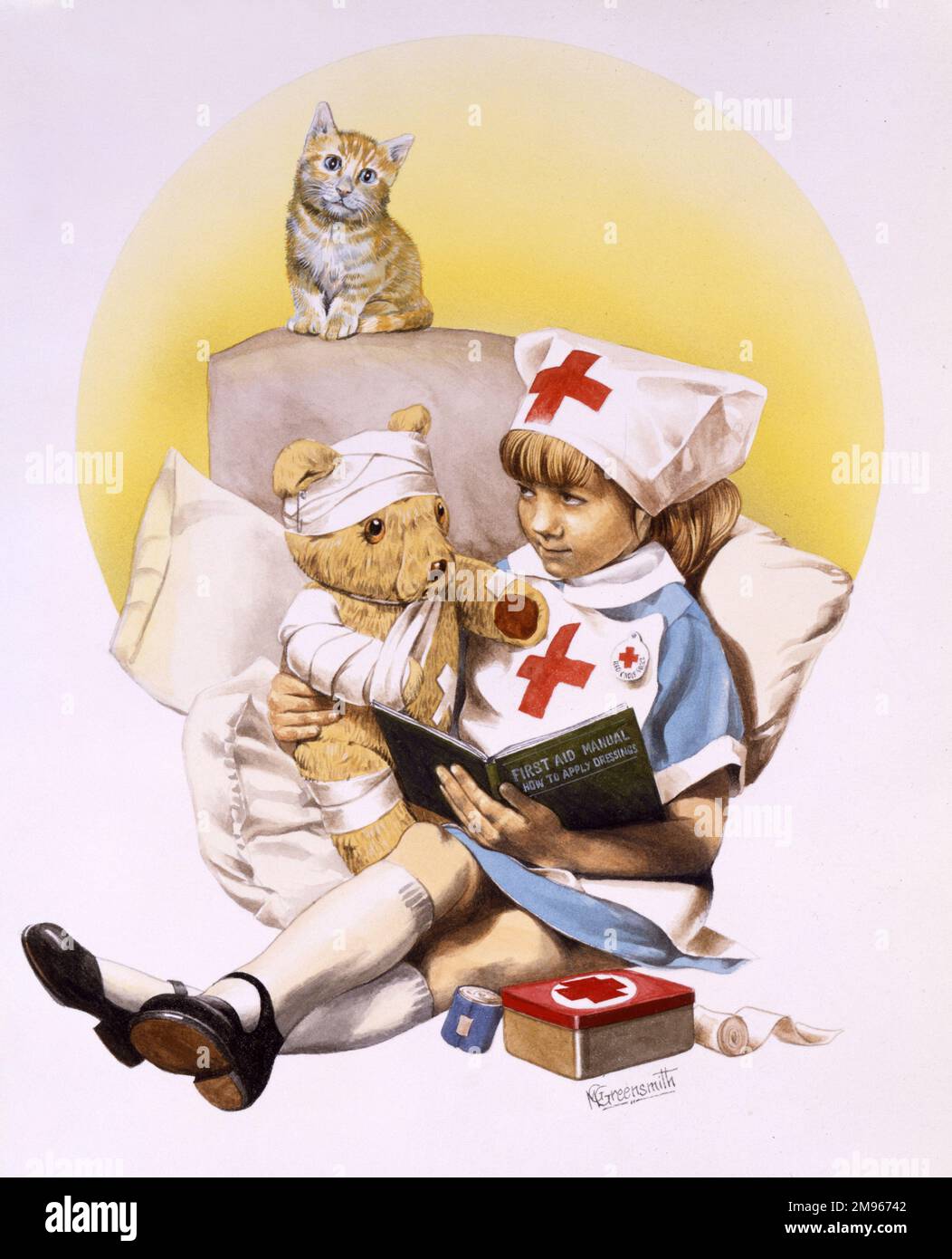 A young girl in her nurse's outfit, tends to her teddy's injuries with ...