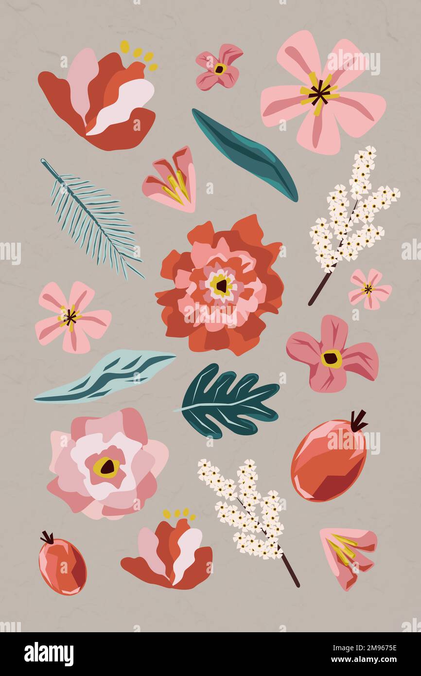 Pink flowers and leaves element set on a beige background evctor Stock ...