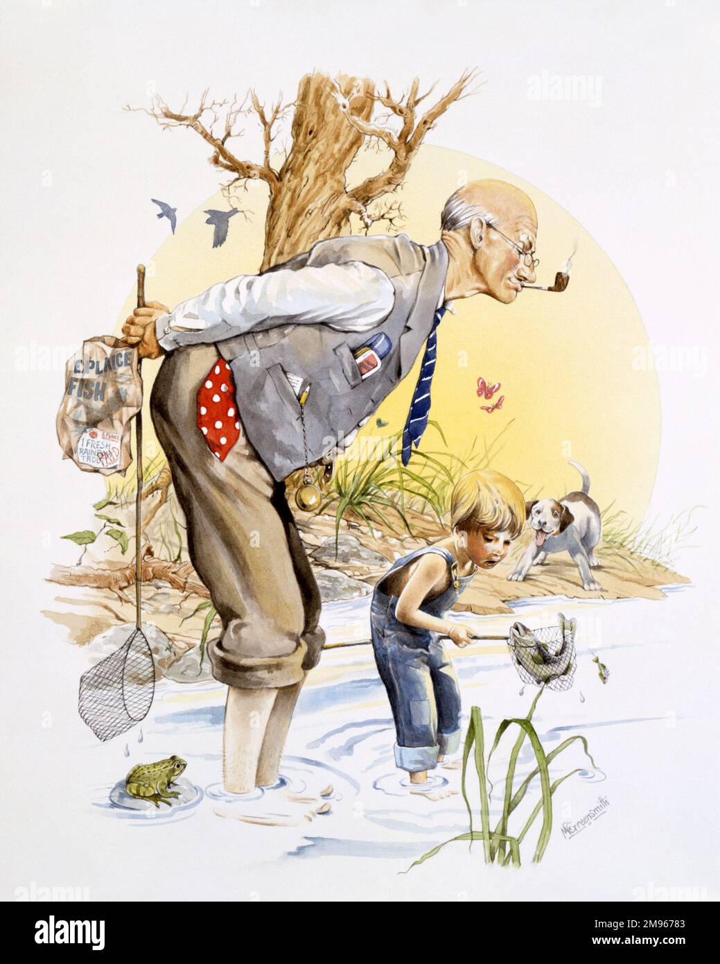 A Grandfather and his Grandson go fishing in a stream with nets on long ...