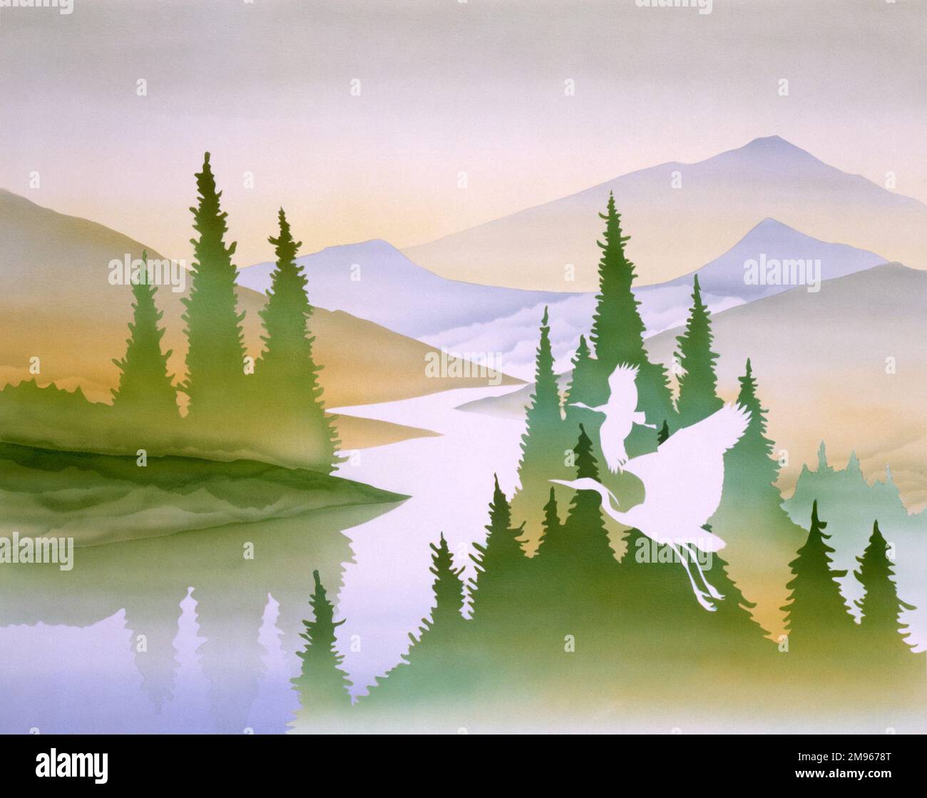 Rural scenery with mountains, a lake, and fir trees, with two birds ...