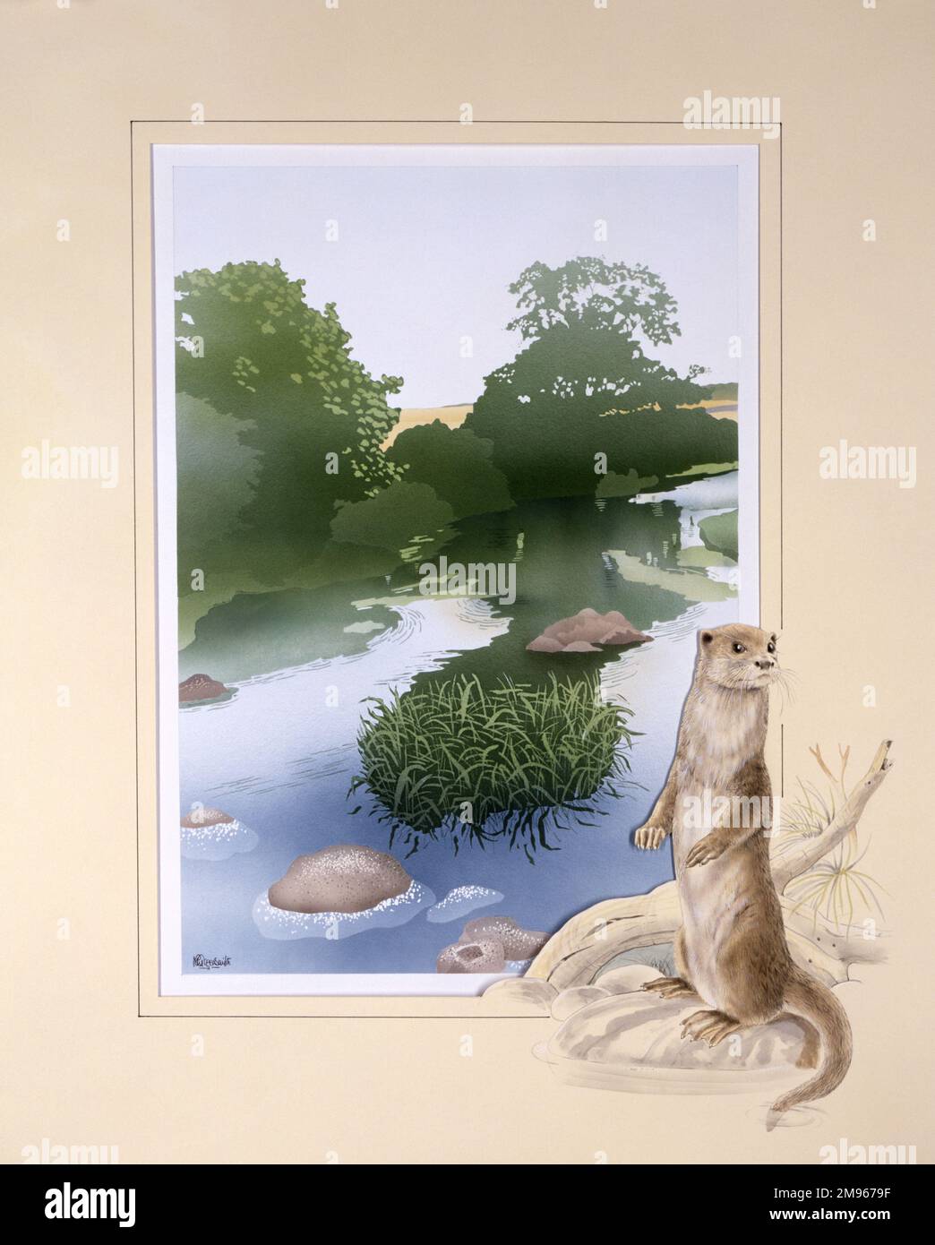 A view of a countryside stream. An otter is set into the border framing ...