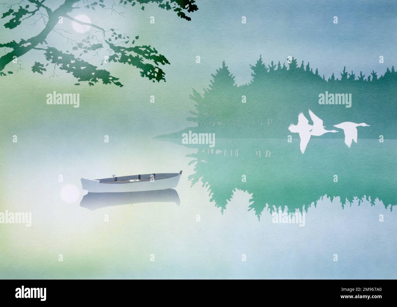 A lake scene with an empty boat floating in the middle of the water ...