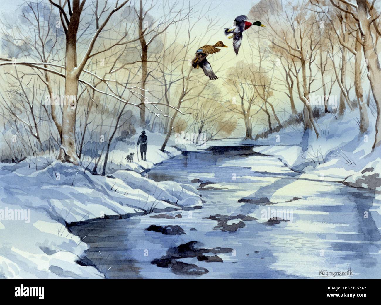 A winter scene in the countryside with a frozen river, snow on the ...