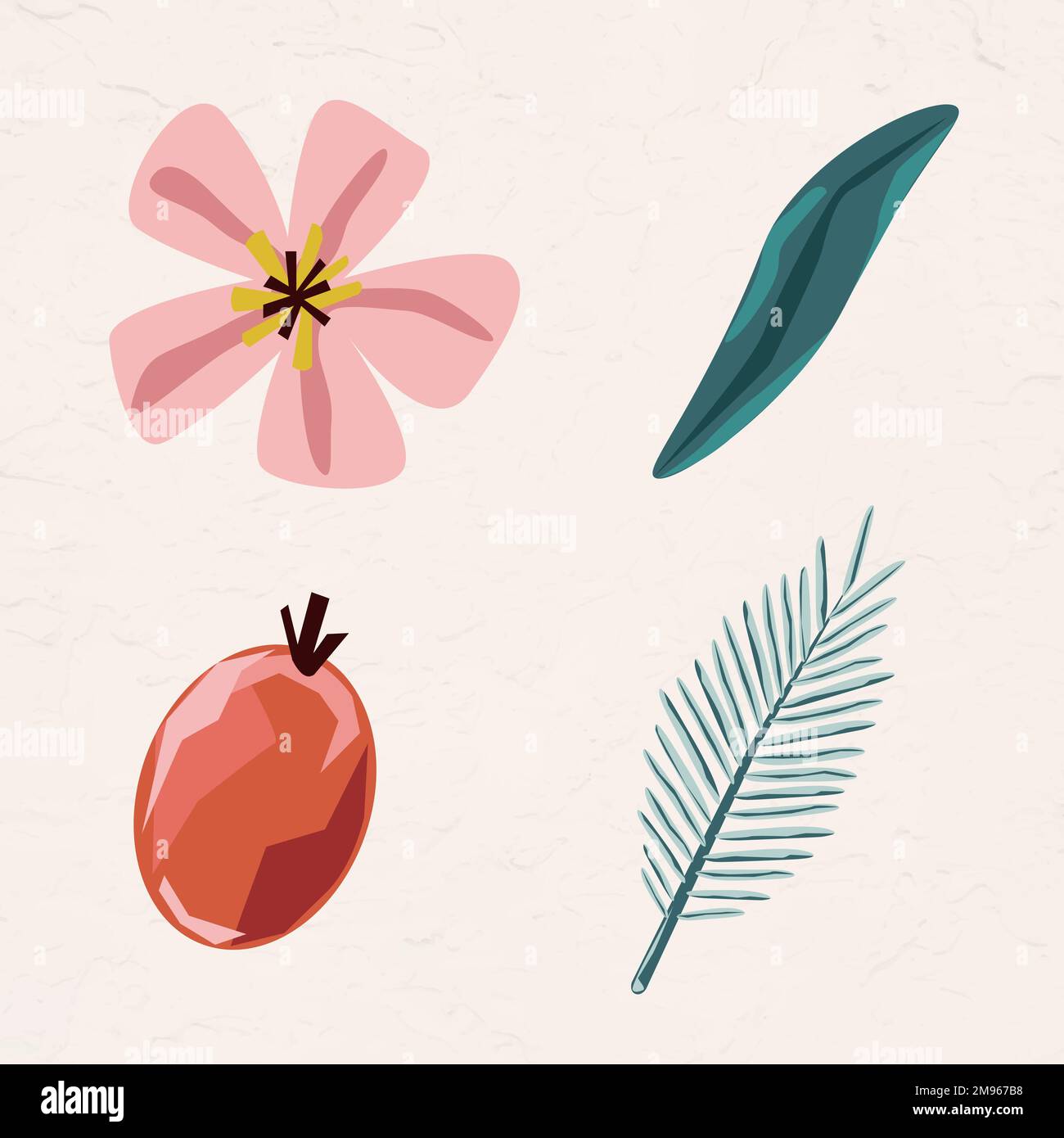 Pink flowers and leaves element set on a beige background vector Stock ...