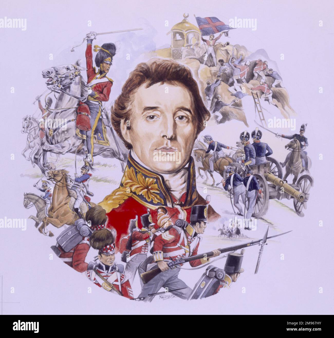 Circular painting depicting the portrait and scenes from the life of ...