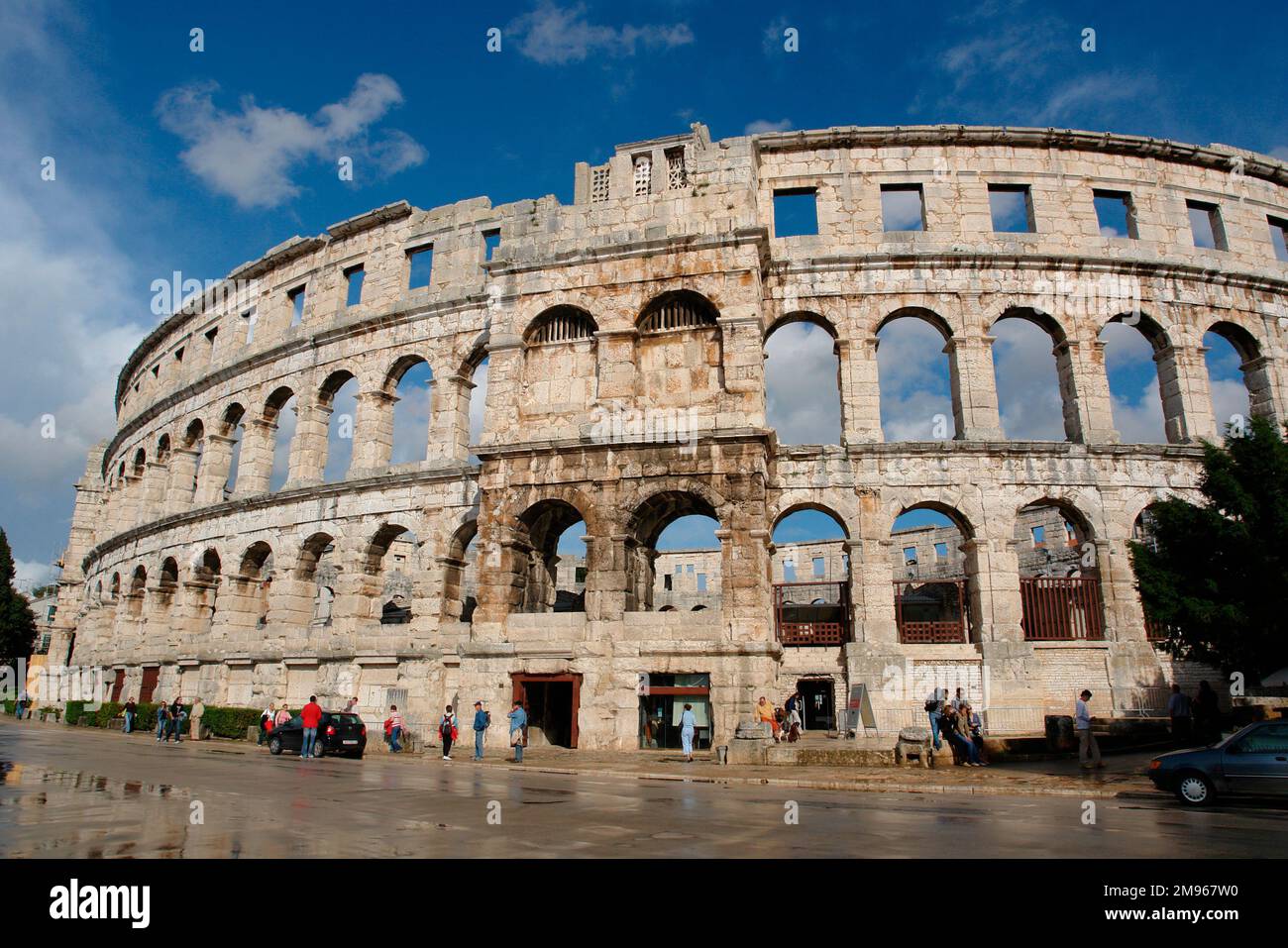 External view of the Roman amphitheatre at Pula, on the western coast ...