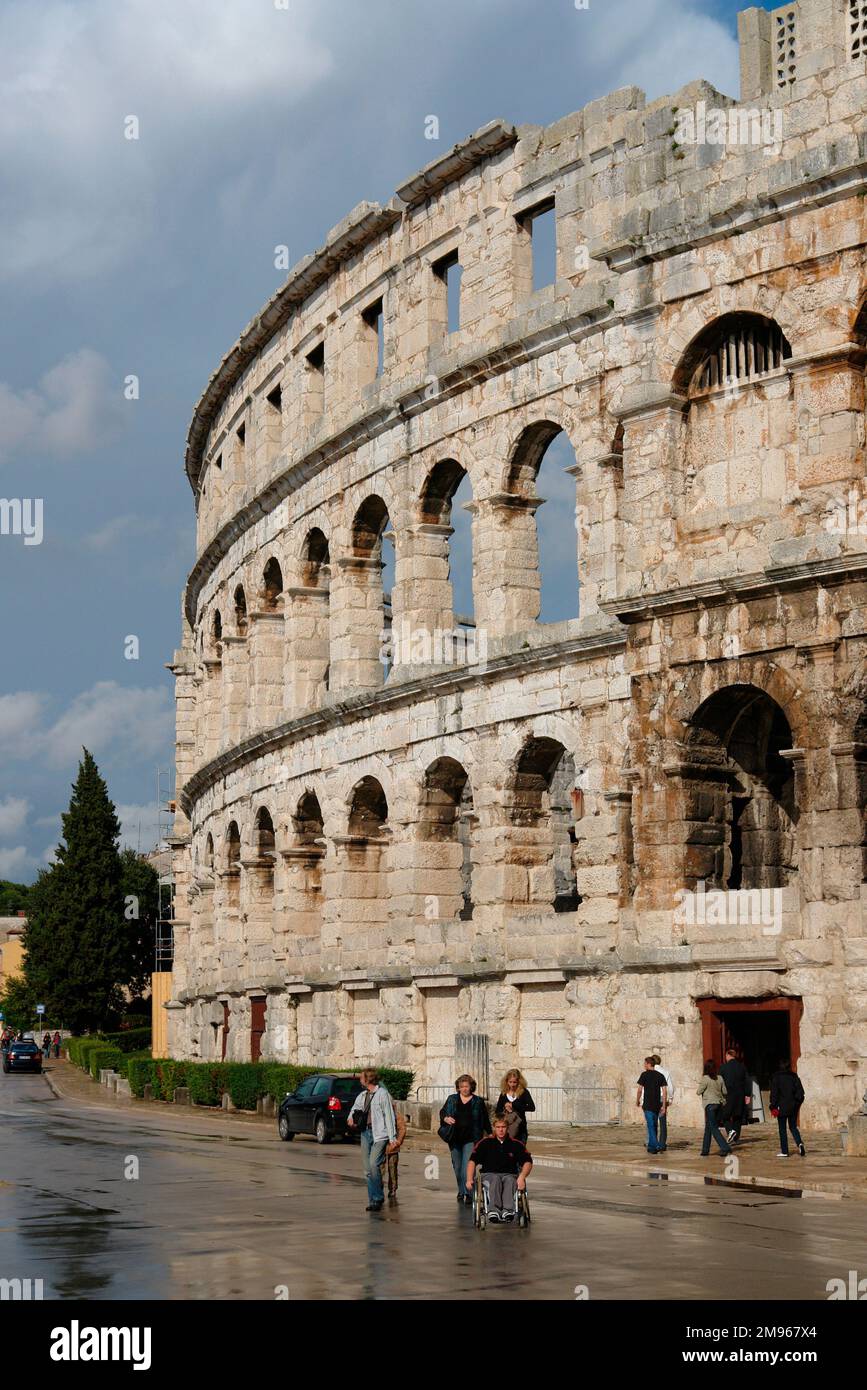 External view of the Roman amphitheatre at Pula, on the western coast ...