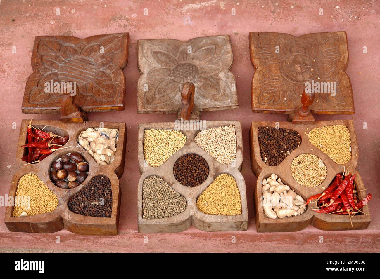 Indian spices on display in Mattancherry, Cochin, Kerala State, India ...