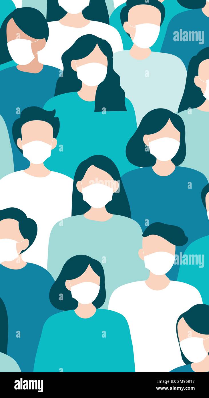Group of people wearing protective face masks patterned background ...