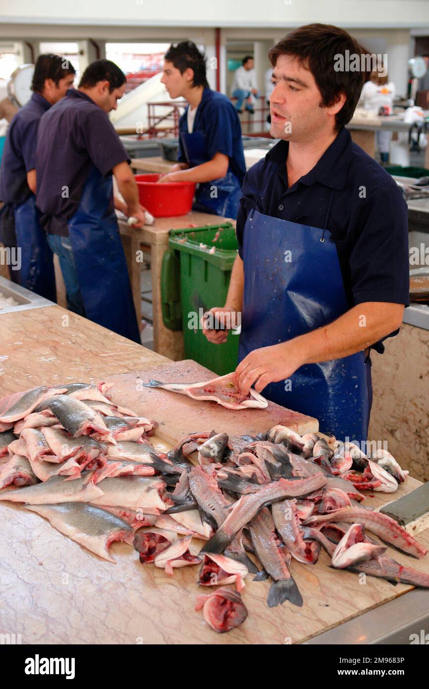 Fishmongers in the fish market at the Mercado dos Lavradores (Workers' Market) in Funchal, the ...