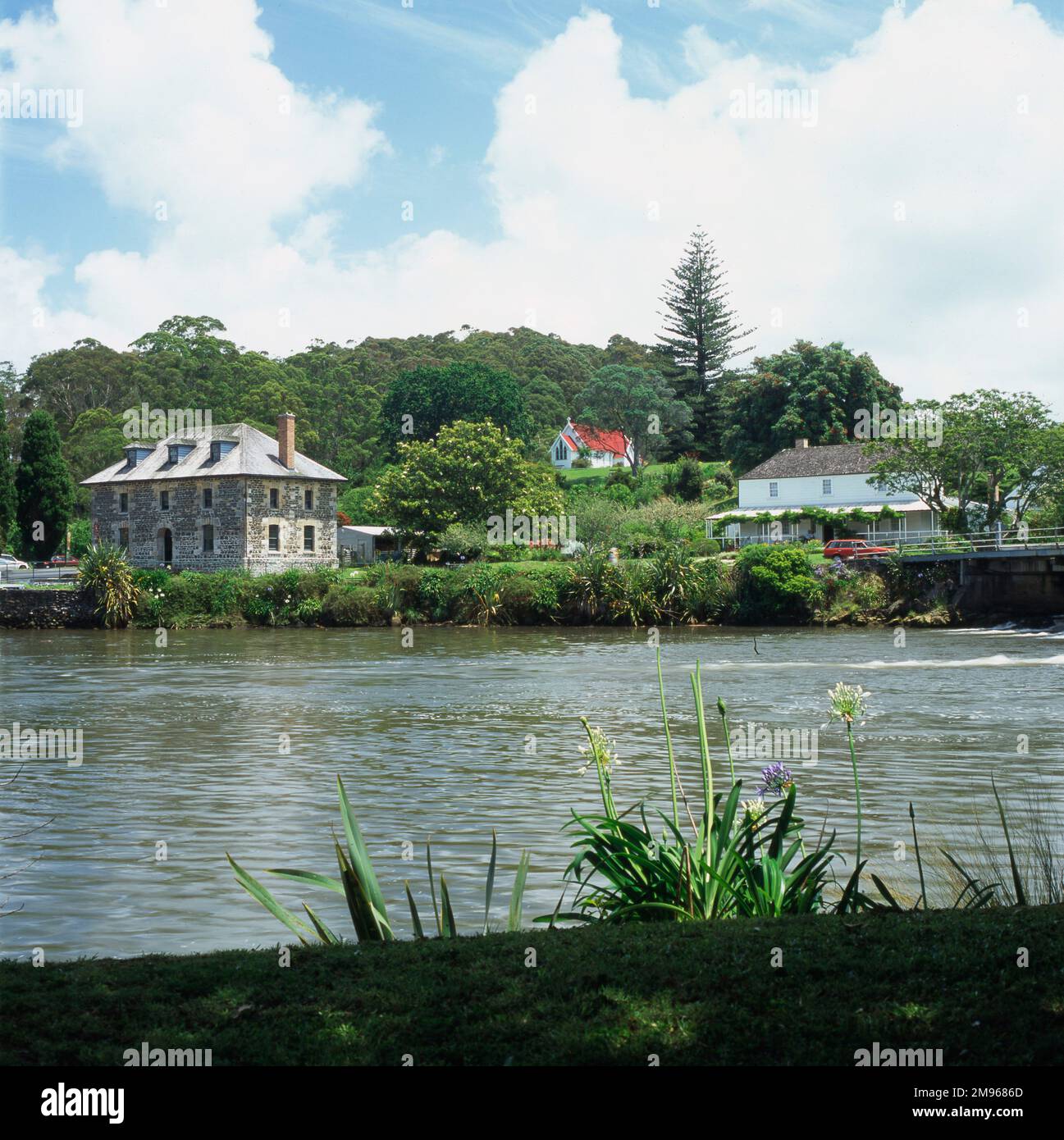 Three historic buildings at Kerikeri, North Island, New Zealand. On the ...