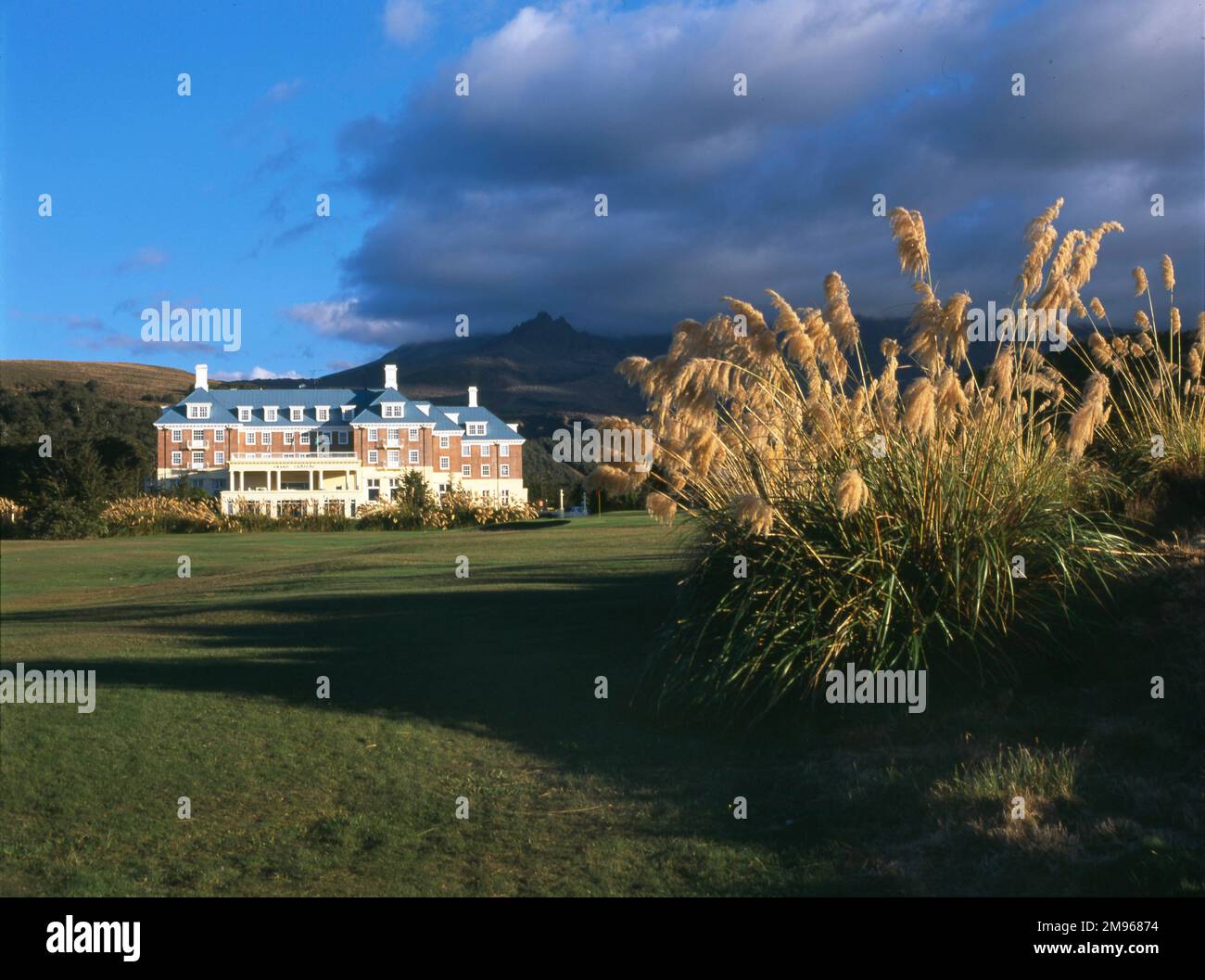 View of the grand hotel, Chateau Tongariro or Bayview Chateau, at ...