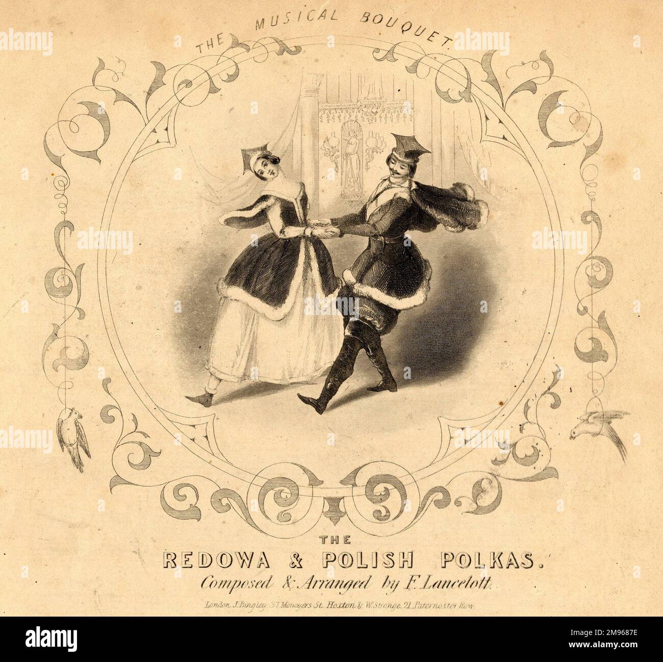 A couple wearing ermine-trimmed costumes dance the polka hand in hand ...