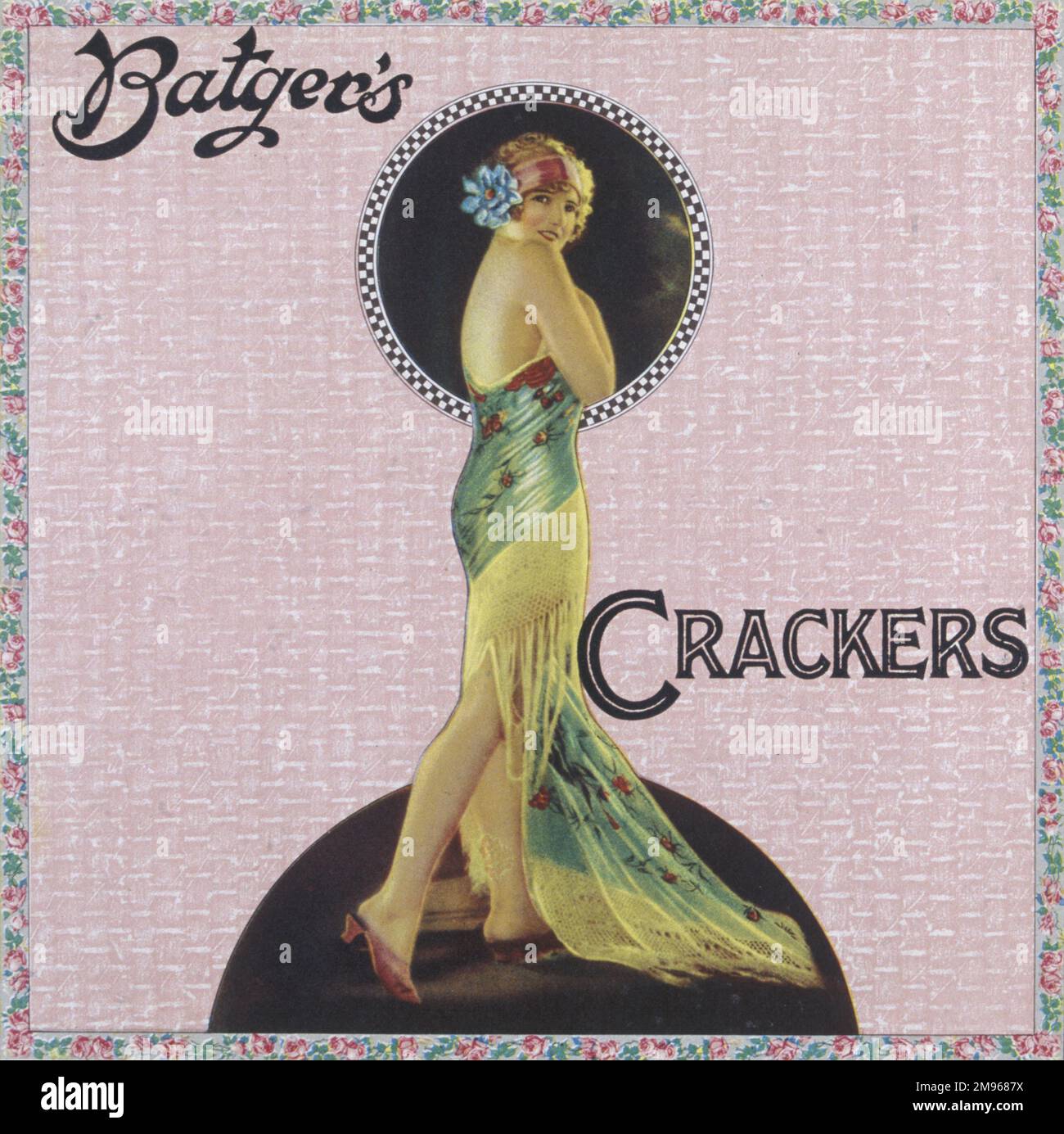 Label for Batger's Christmas crackers featuring a coy young woman ...