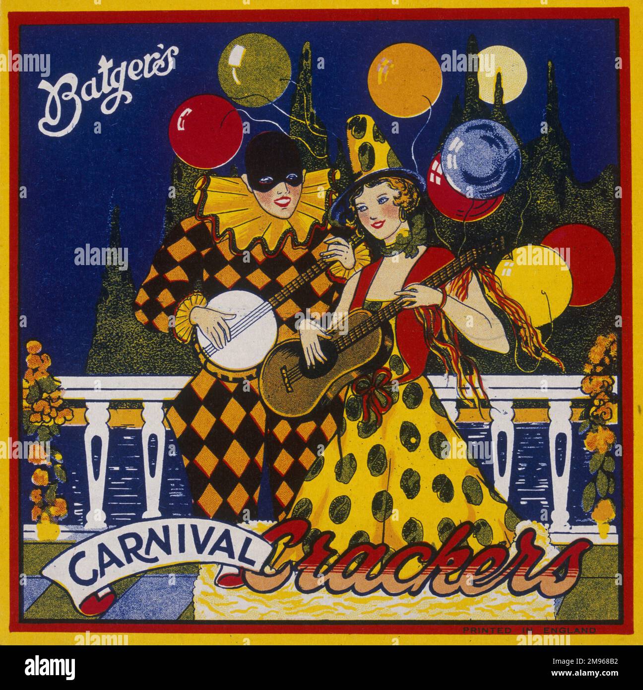 Label for a box of Batgers Carnival crackers featuring a couple in ...