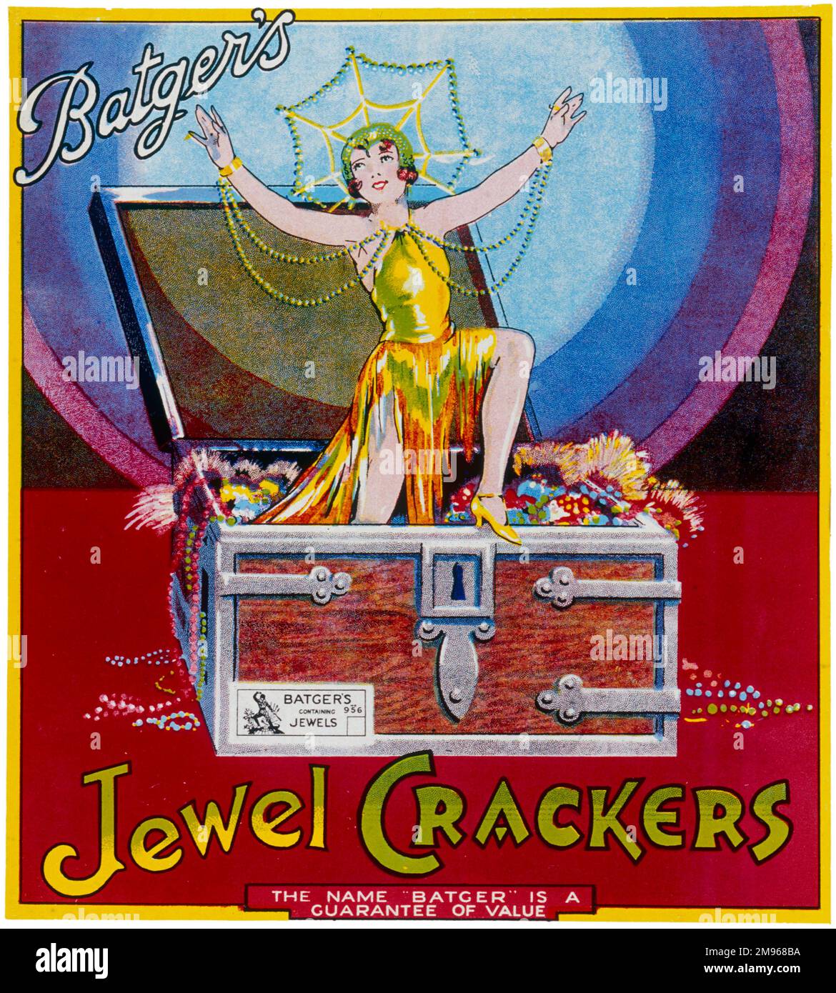 A bright and colourful label for a box of Batgers Jewel Christmas ...