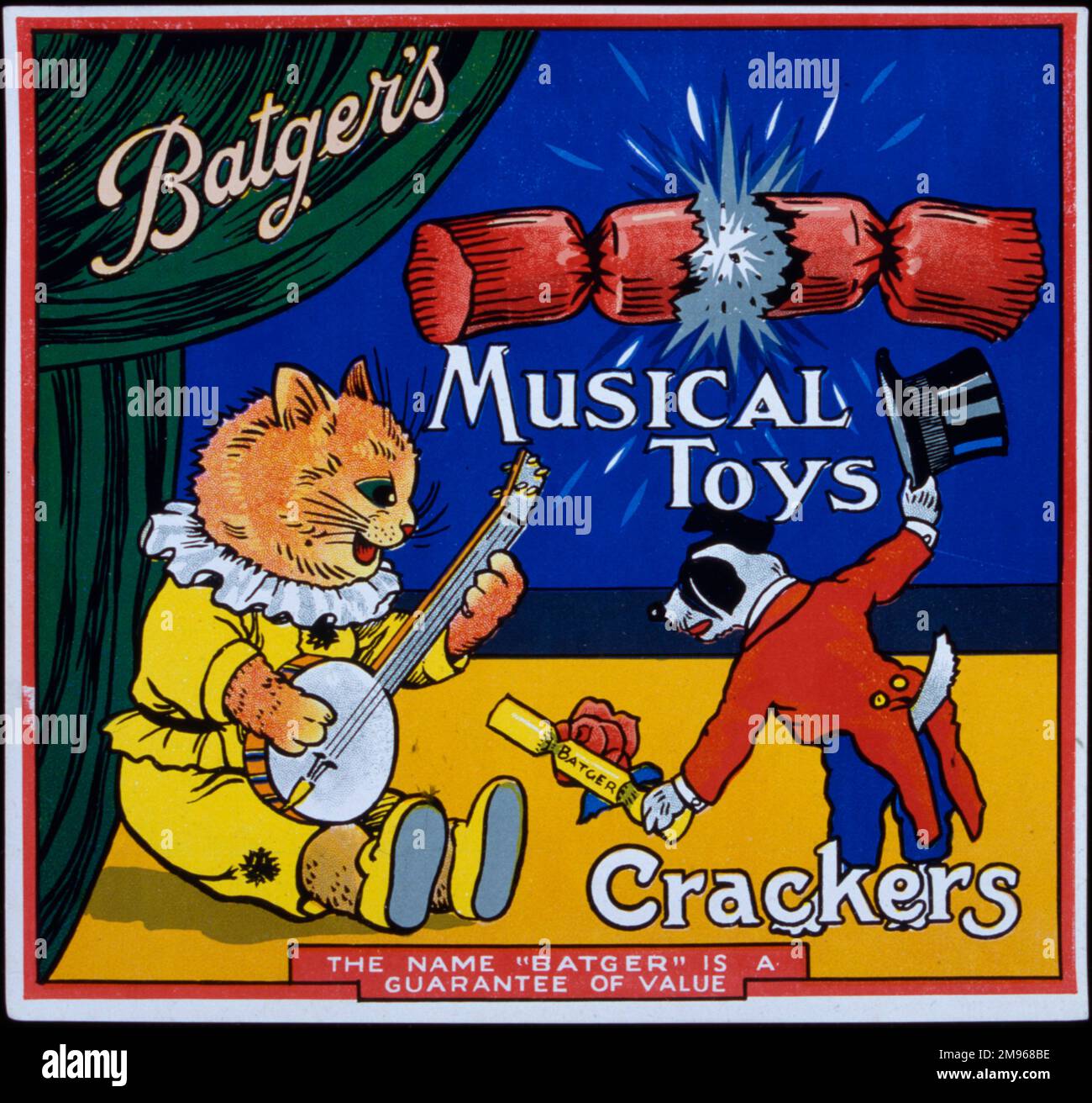 Label for a box of Batgers Musical Toys Christmas crackers featuring a ...
