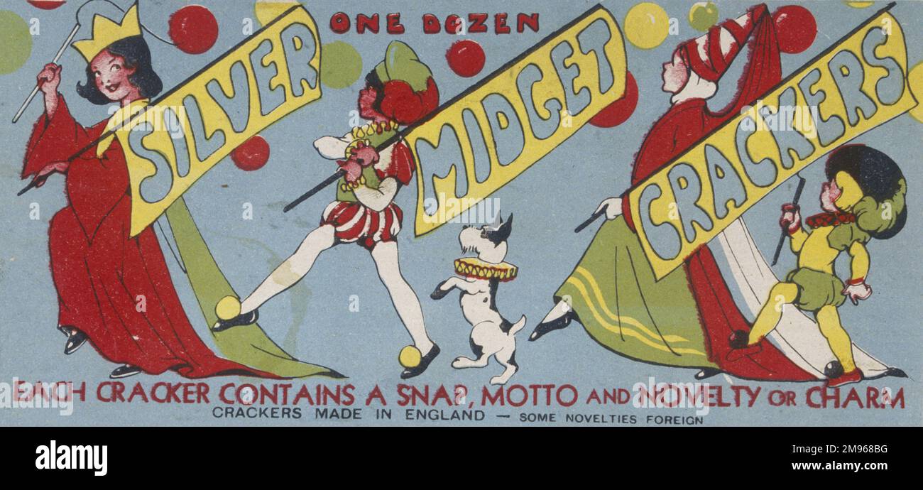 Label design for a box of Silver Midget Christmas crackers featuring ...