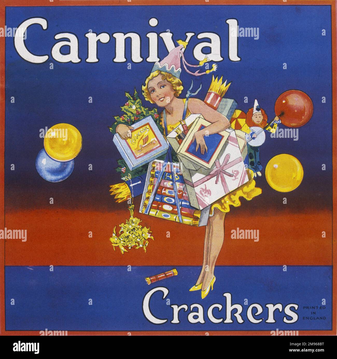 Label from a box of Carnival crackers. A young woman dressed in a party ...