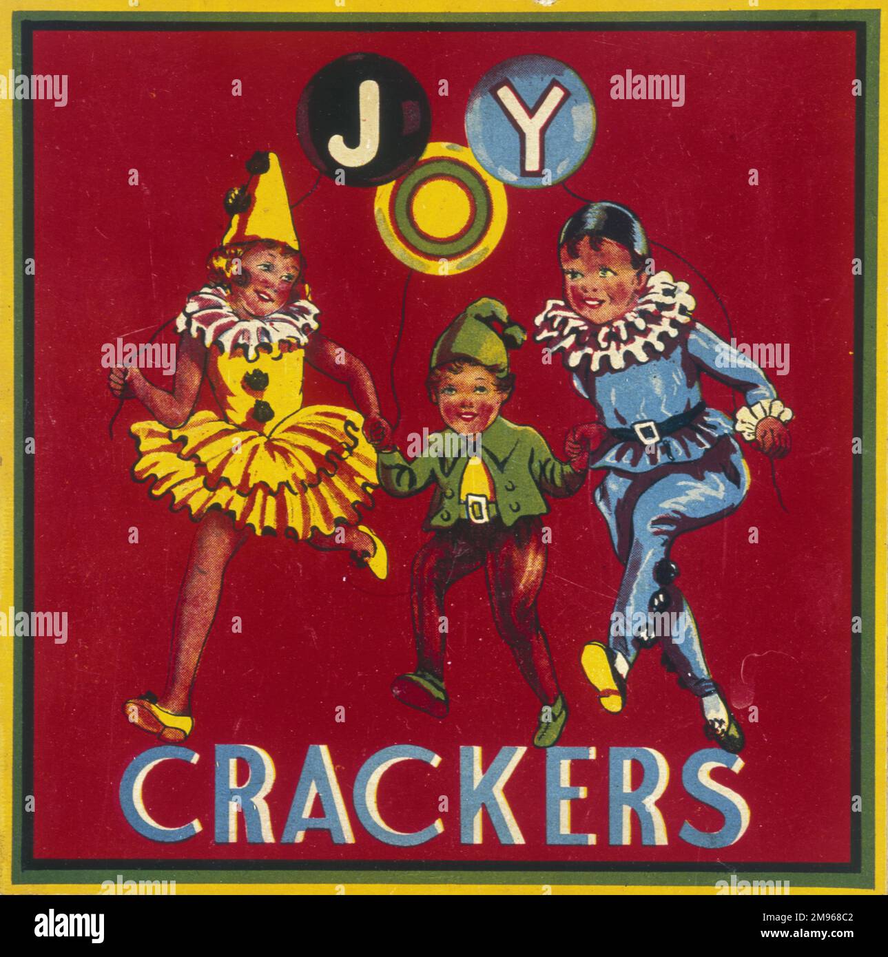 Label from a box of Joy Christmas crackers featuring three children in ...