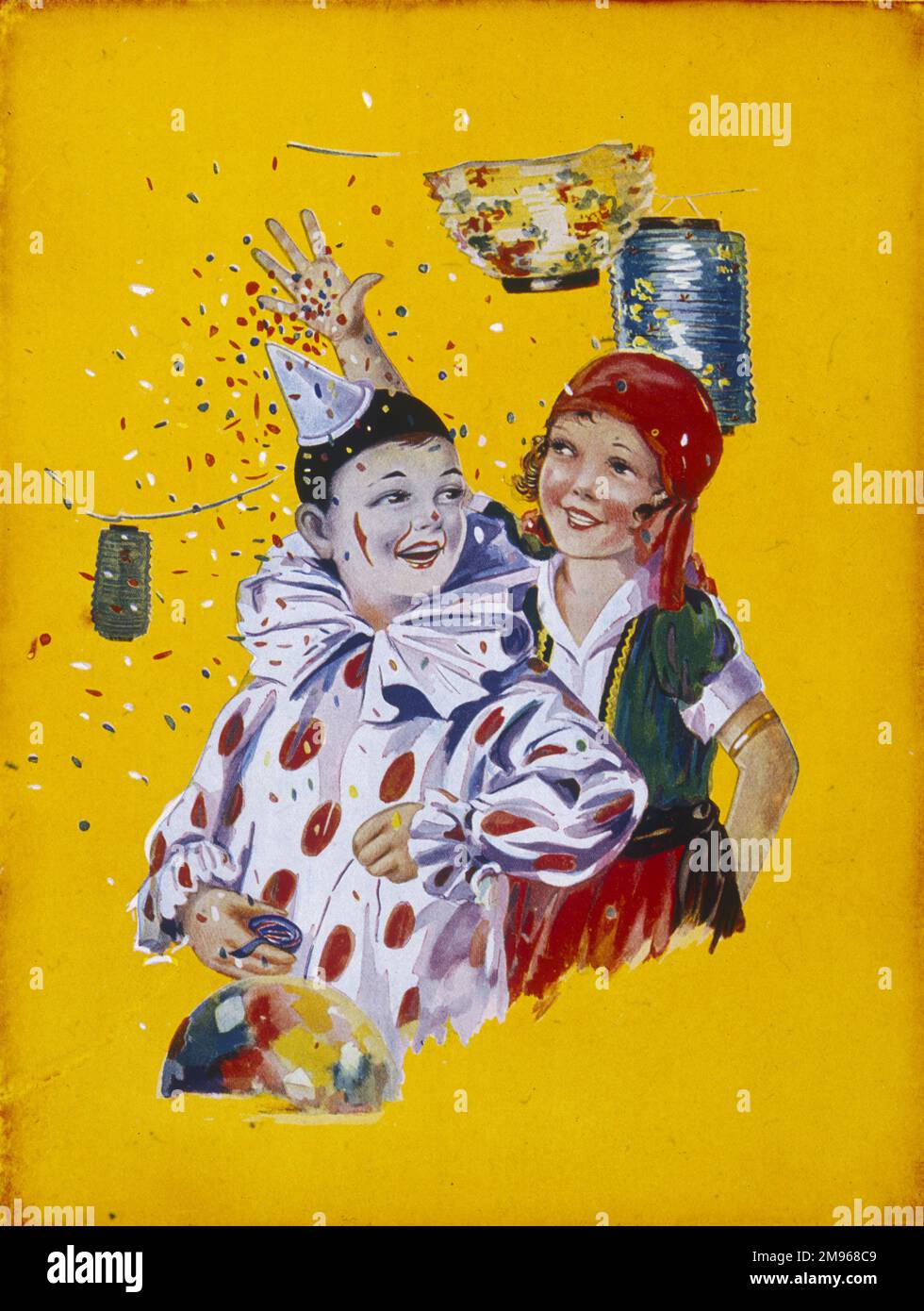 Jolly and bright label for a box of Christmas crackers featuring two ...