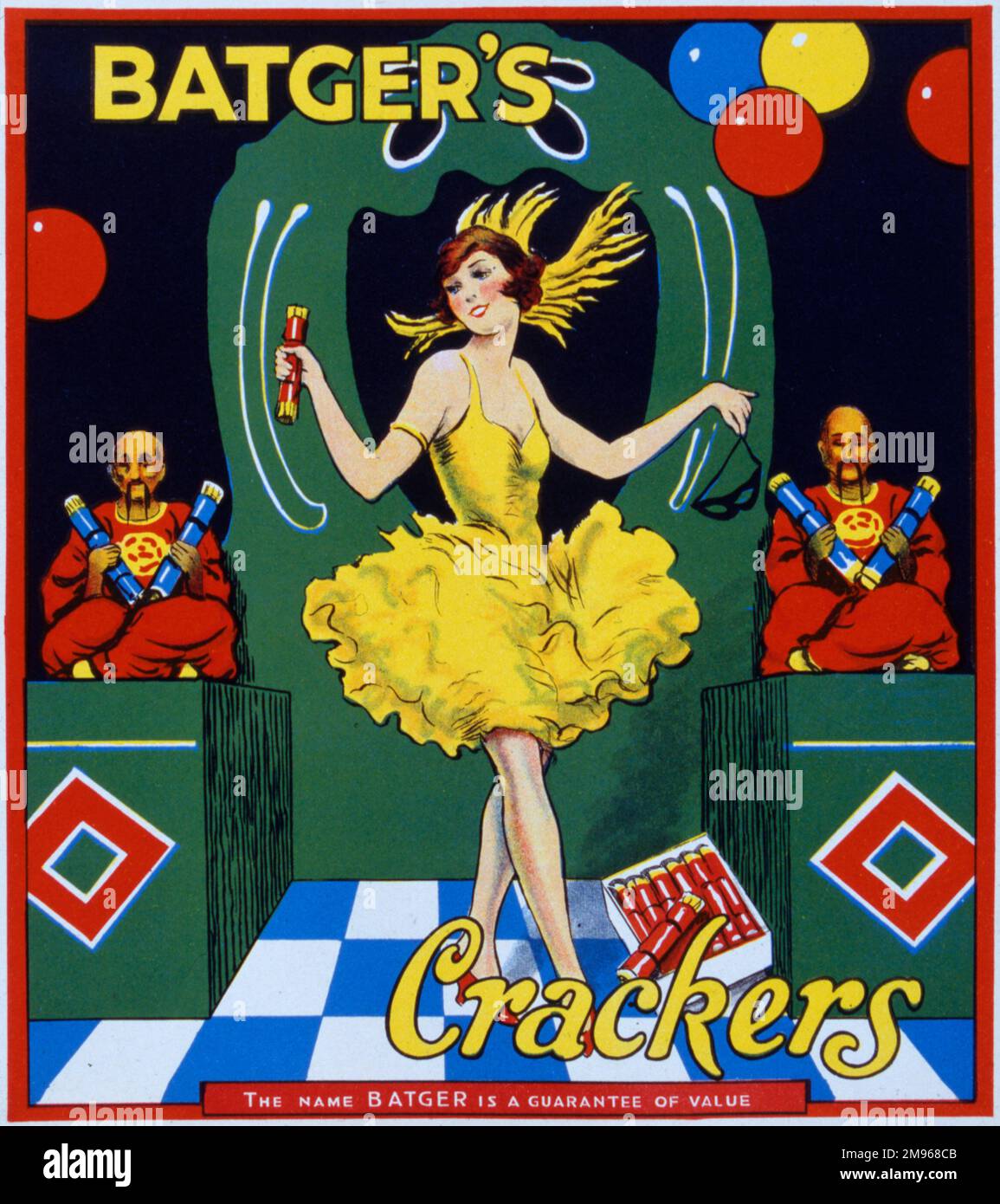 Label for a box of Christmas crackers featuring a young woman in a ...