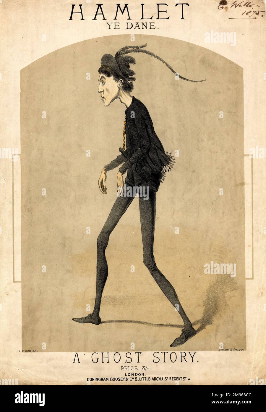 A caricatured Hamlet, probably based on Sir Henry Irving, on a music sheet entitled Hamlet Ye ...