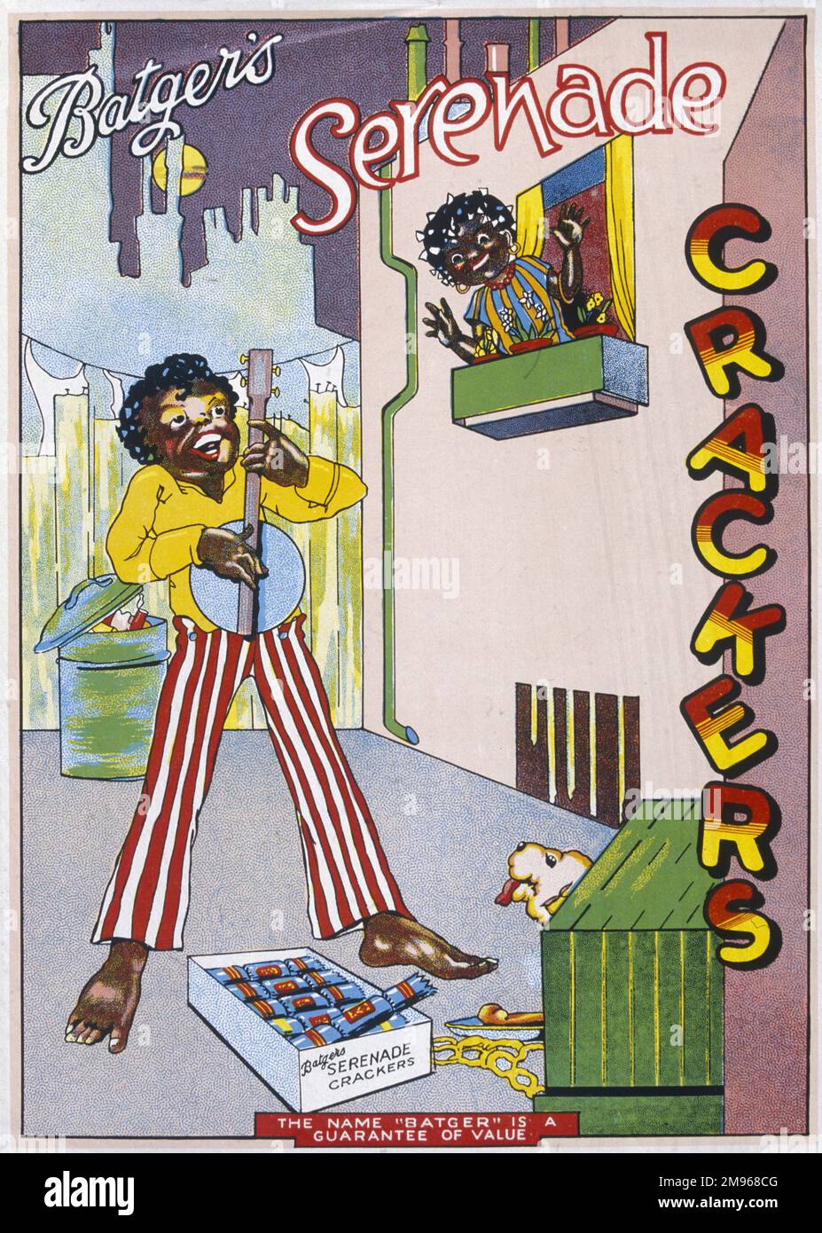 Label from a box of Batgers Serenade crackers showing a minstrel ...