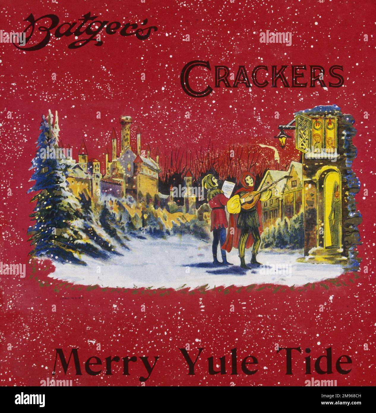 Label for a box of Batgers Christmas crackers featuring a festive snowy ...