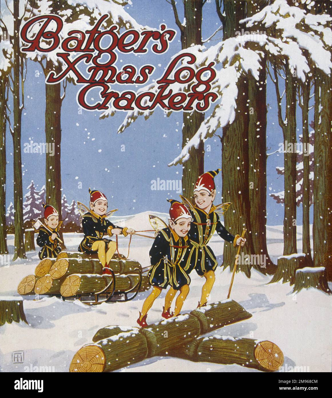Label for Batgers Christmas Log crackers featuring a group of elves ...