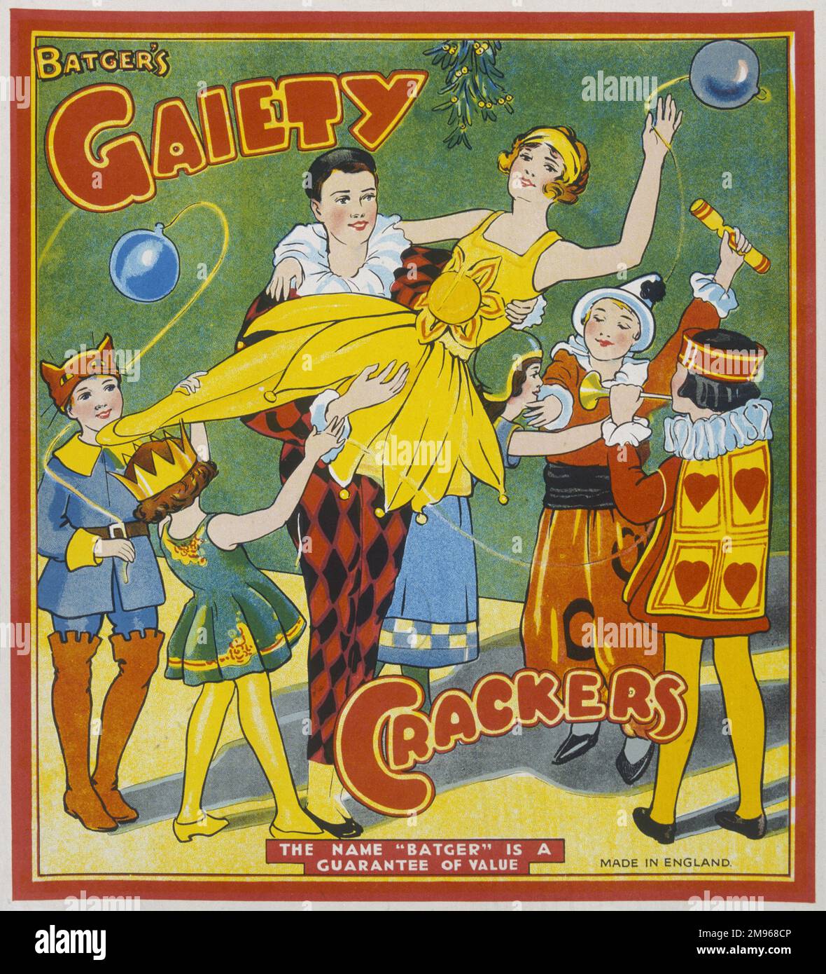 Label for a box of Batgers Gaiety crackers showing a group of party ...