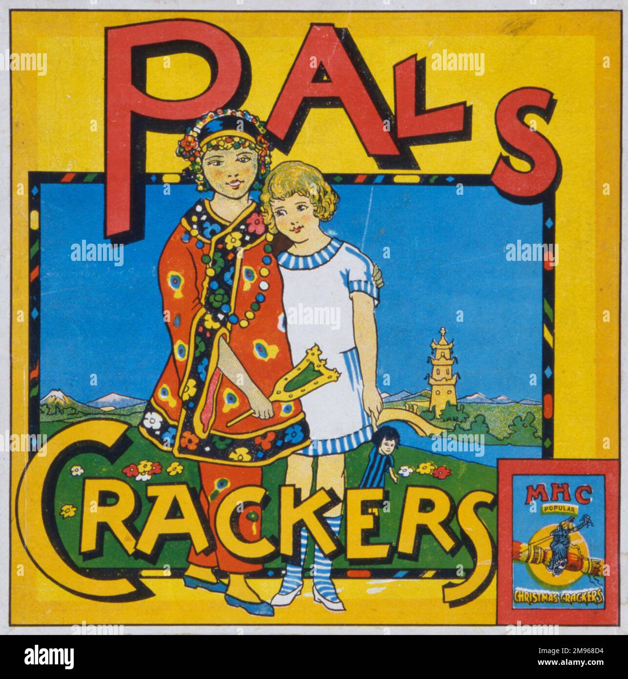 Label for a box of Pals Christmas crackers featuring a little girl in ...