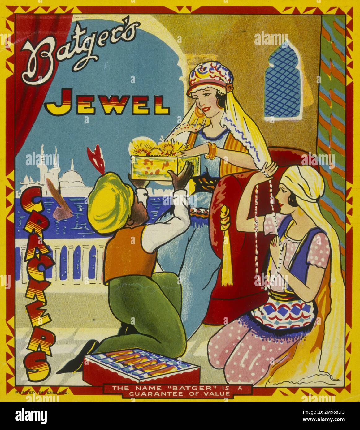 Label for a box of Batgers Jewel Christmas crackers showing an interior ...