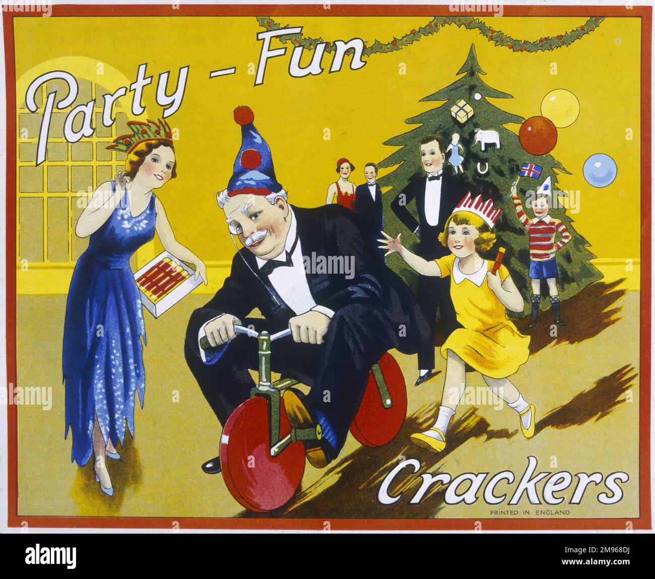 Label from a box of Party Fun Christmas crackers showing a group of ...