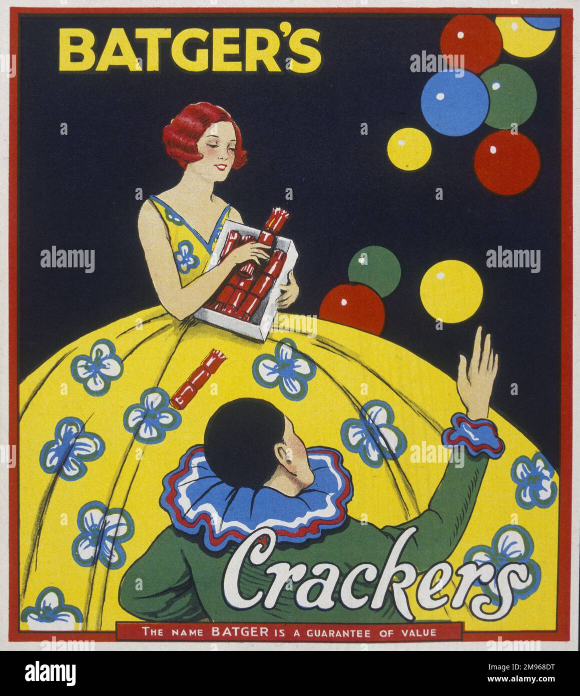 Bold and colourful label for a box of Batgers Christmas crackers ...