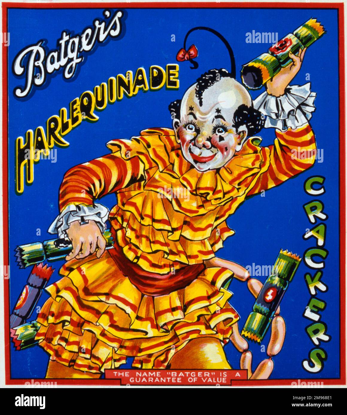 Label for a box of Batgers Harlequinade Christmas crackers featuring a ...