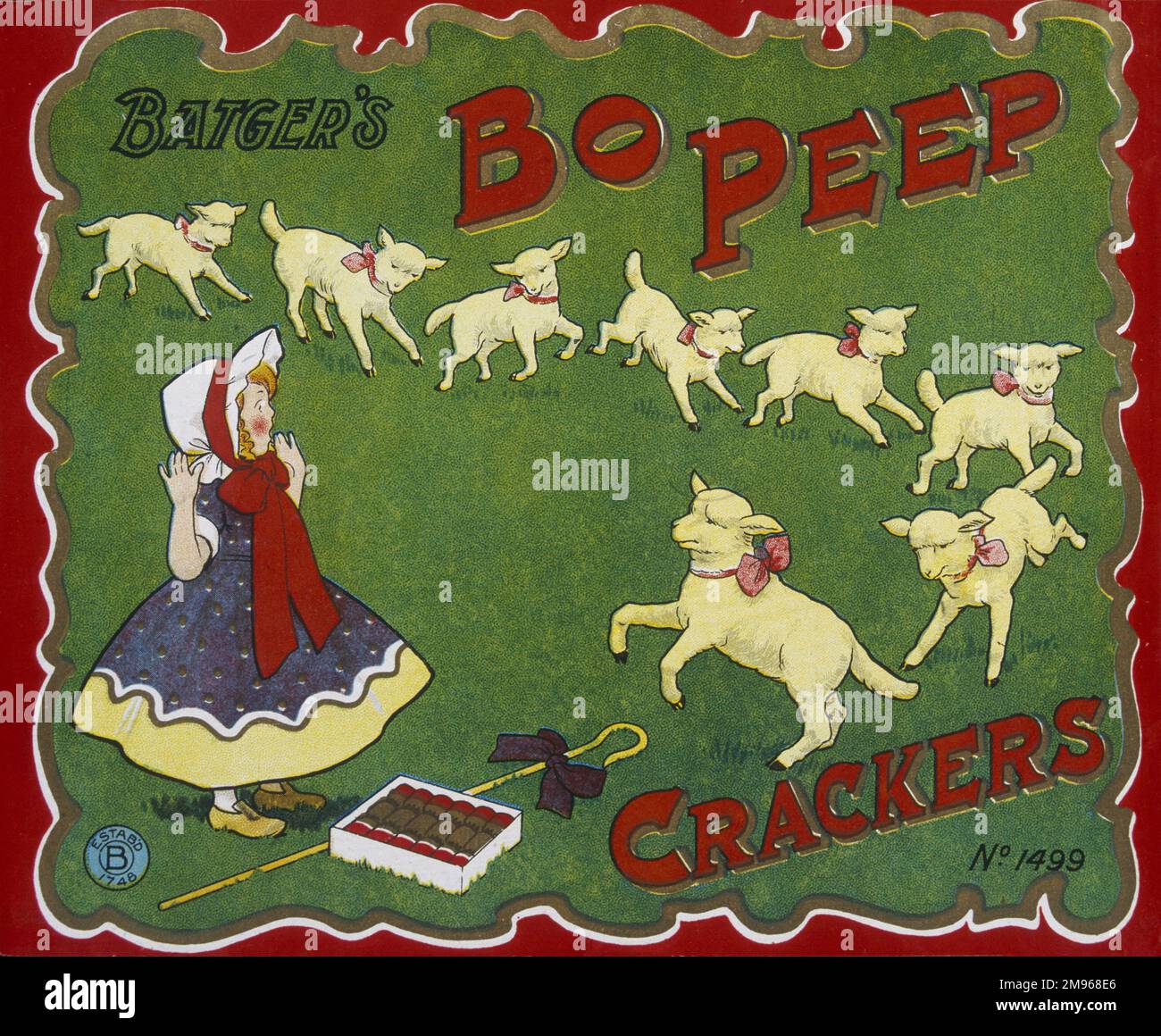 Label for a box of Batgers Bo Peep Christmas crackers featuring Little ...
